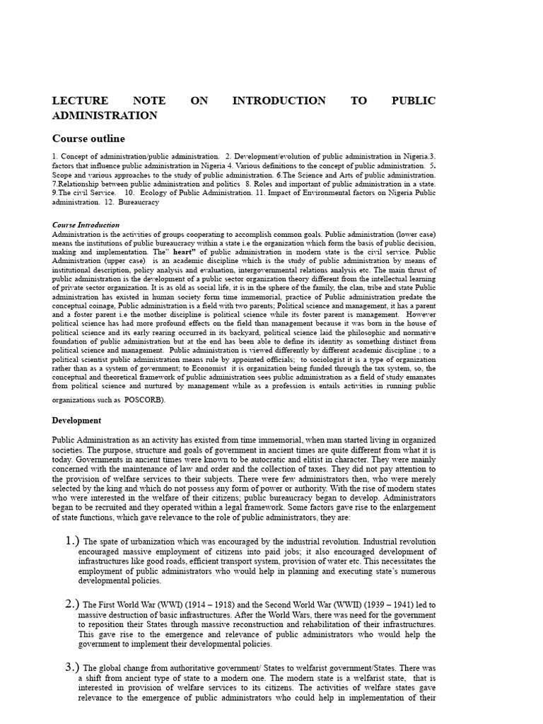 Lecture Note On Introduction To Public Administration | PDF | Public Administration | Science