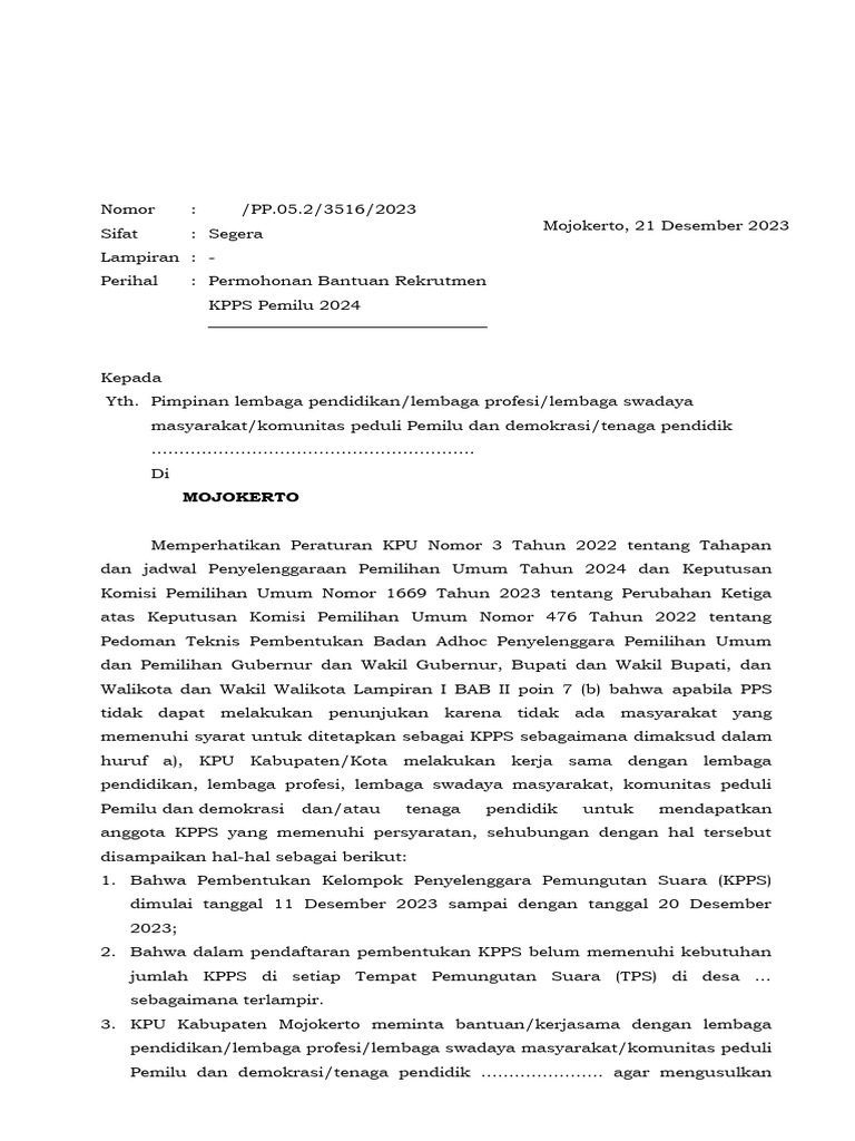 Rekrutmen KPPS Pemilu 2024 Mojokerto | PDF