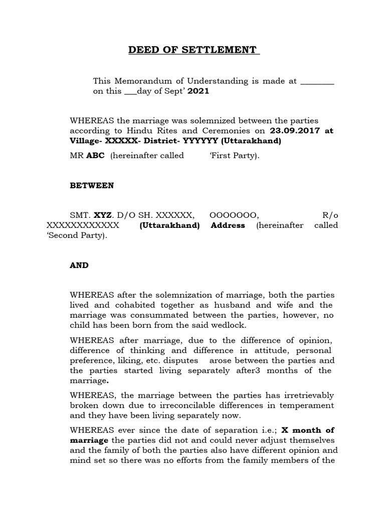 Deed of Settlement - Suneeta Miyan Rawat | PDF | Marriage | Family