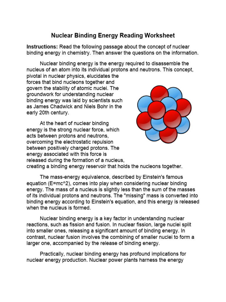 Nuclear Binding Energy Reading Worksheet: Instructions: Read The ...