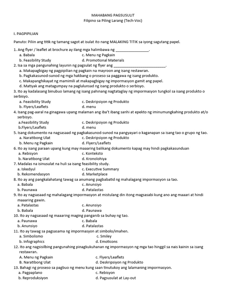 MAHABANG PAGSUSULIT Sa FILIPINO | PDF