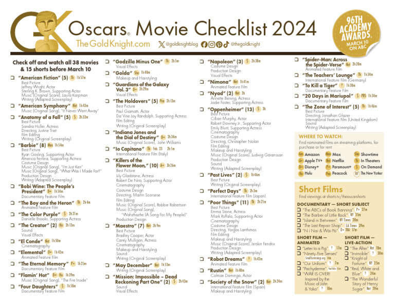 Oscars Movies Checklist 2024 | PDF