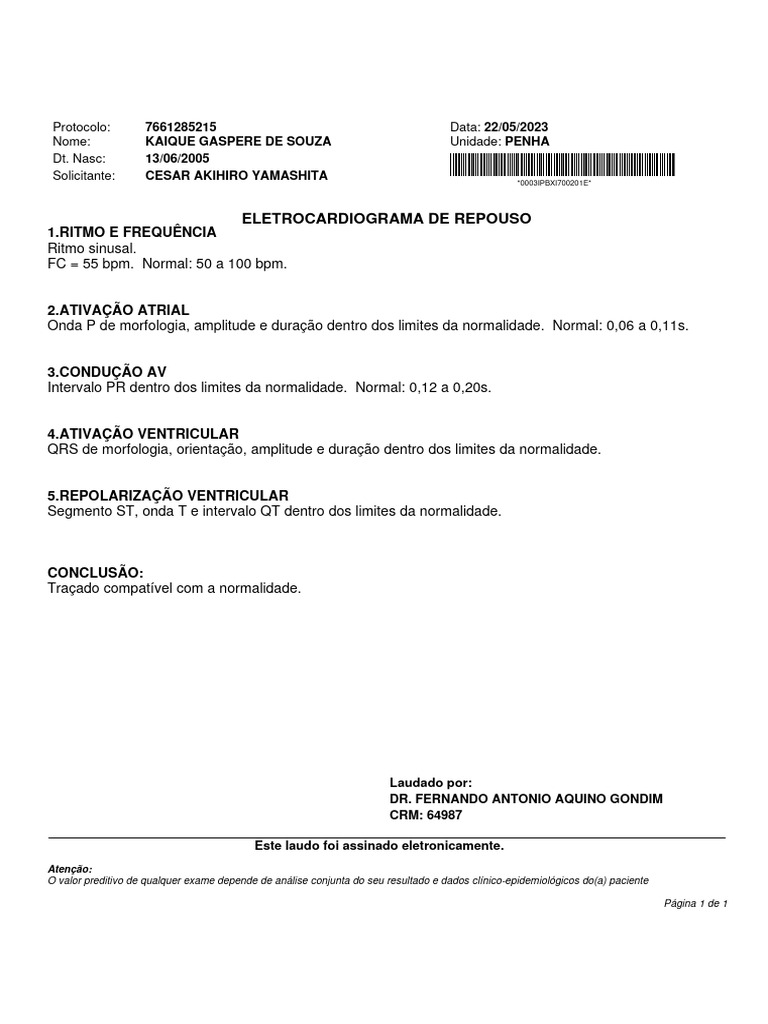Eletrocardiograma de Repouso (Laudo) | PDF | Eletrocardiografia | Órgão (anatomia)