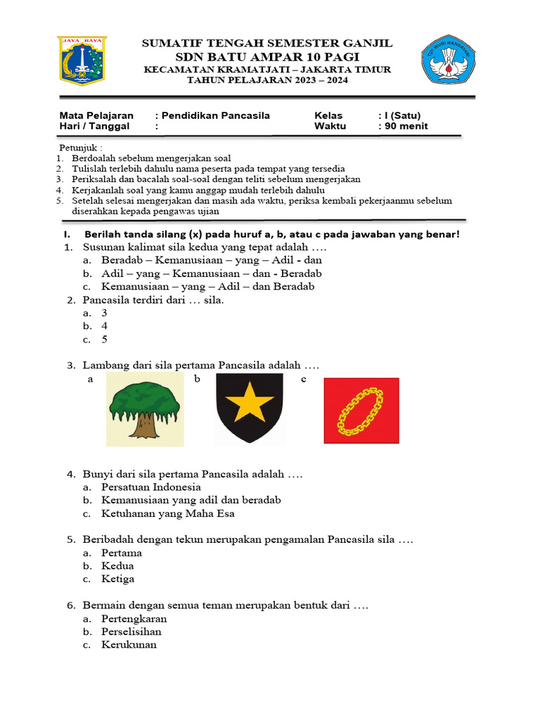 PTS Kls 1 Sem 1 Pend, Pancasila | PDF