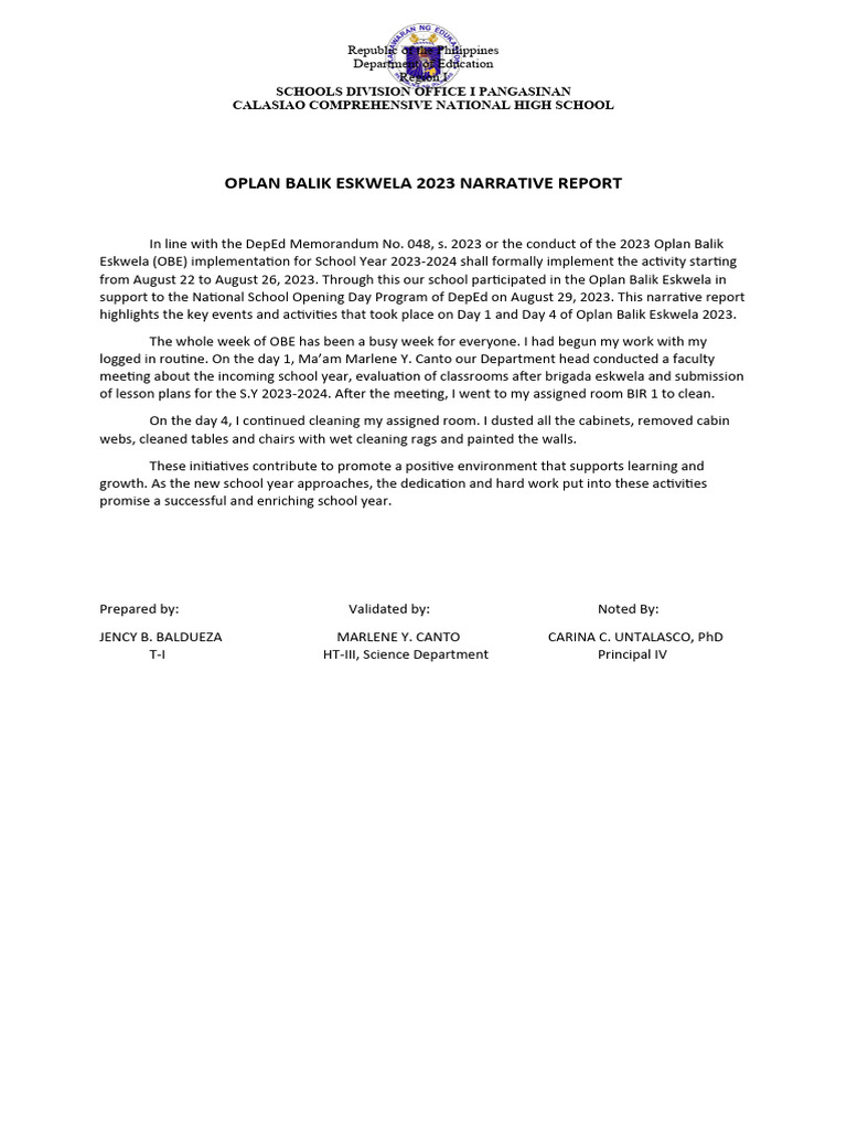 Oplan Balik Eskwela 2023 Narrative Report | PDF
