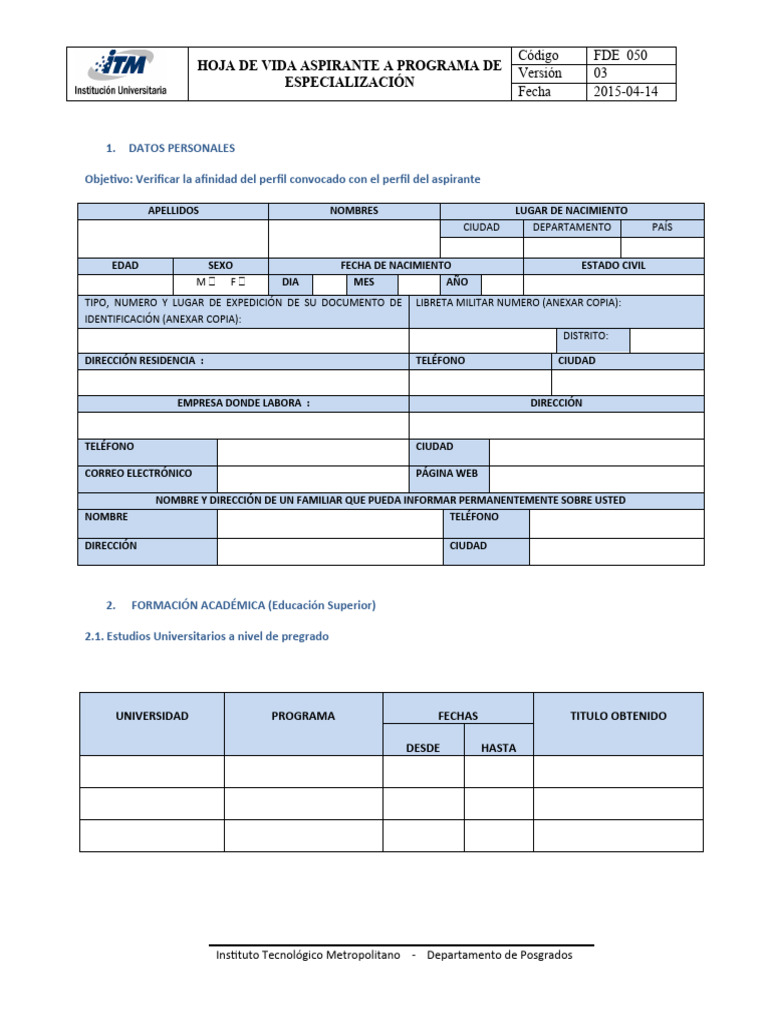 FDE 050 Hoja de Vida Aspirante A Programa de Especializacion 1 | PDF