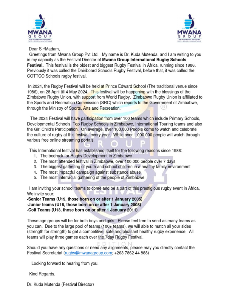 Mwana Rugby Festival Registration Form - 4 Jan 2024 | PDF