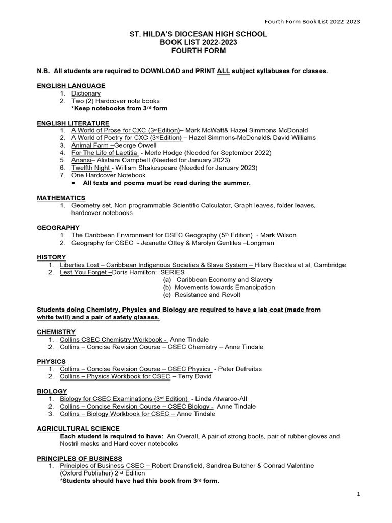 Fourth Form Booklist | PDF