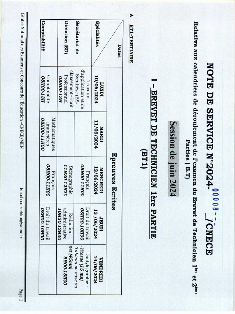 CALENDRIER DE DEROULEMENT DU BT1 ET BT2-2024 | PDF