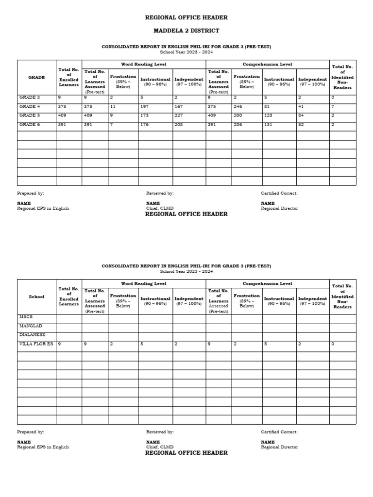 Grade 3 Phil IRI Report Template English SY 2023 2024 | PDF | Cognitive ...