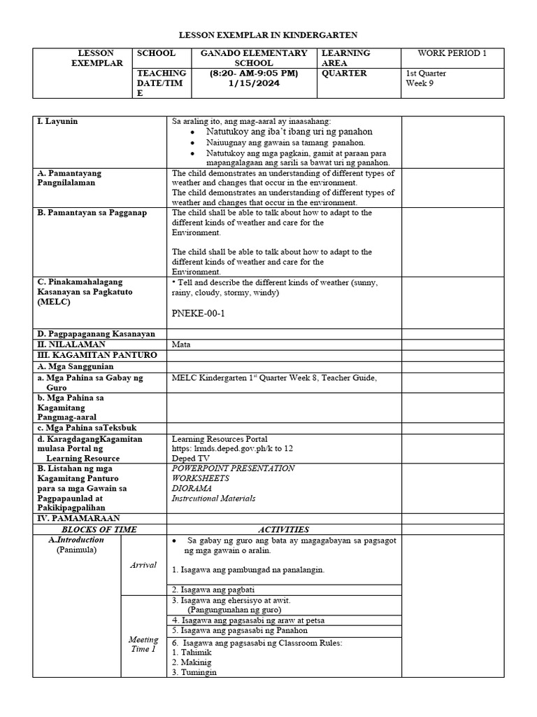 Lesson Exemplar in Kindergarten | PDF