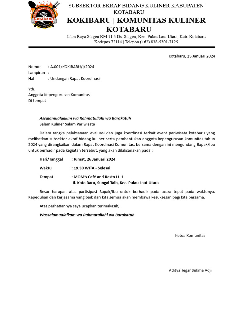 Format Undangan Rapat Koordinasi Komunitas Kuliner | PDF