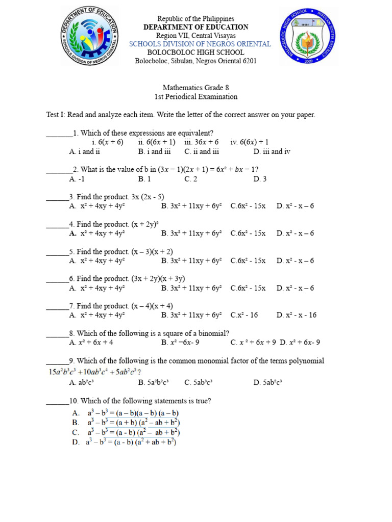 Mathematics Grade 8 1st Periodic | PDF | Cartesian Coordinate System ...