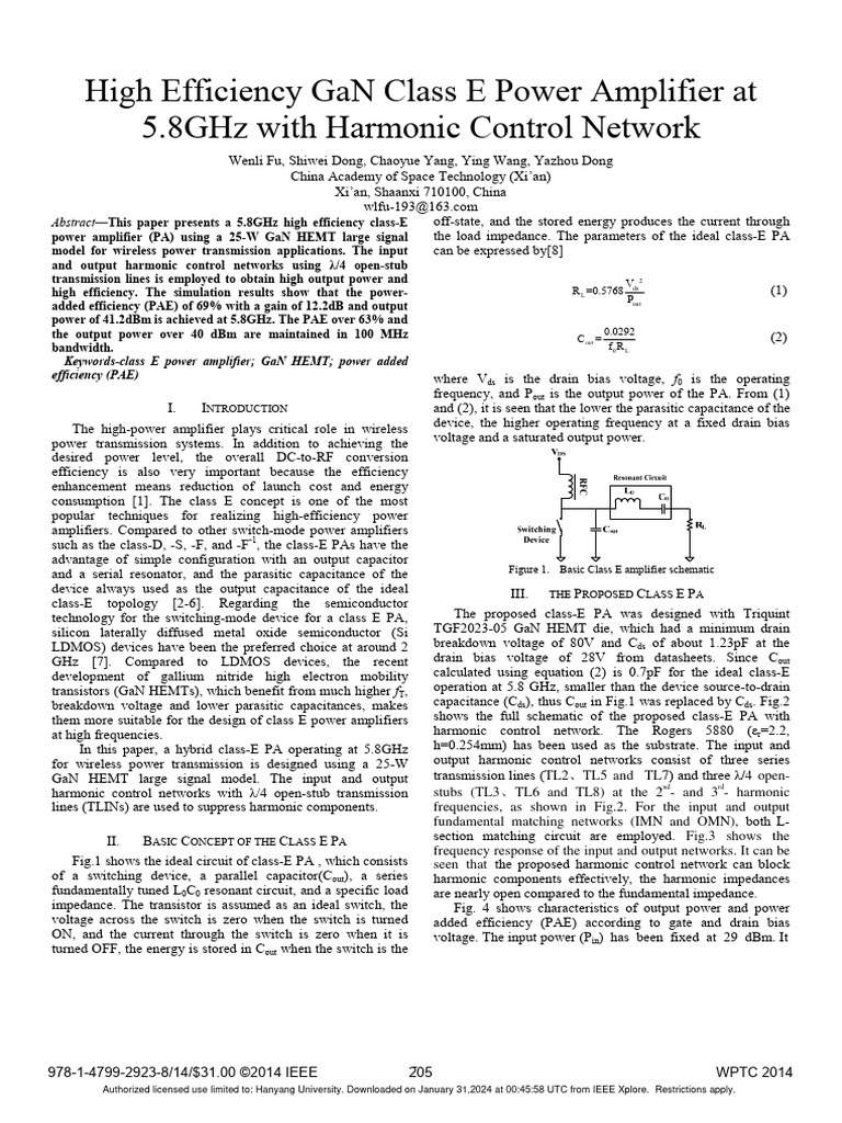 High Efficiency GaN Class E Power Amplifier at 5.8GHz With Harmonic Control Network | PDF ...