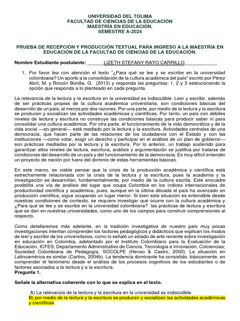 PRUEBA DE COMPRENSION A-2024 Final | PDF | Enseñando | Estadísticas