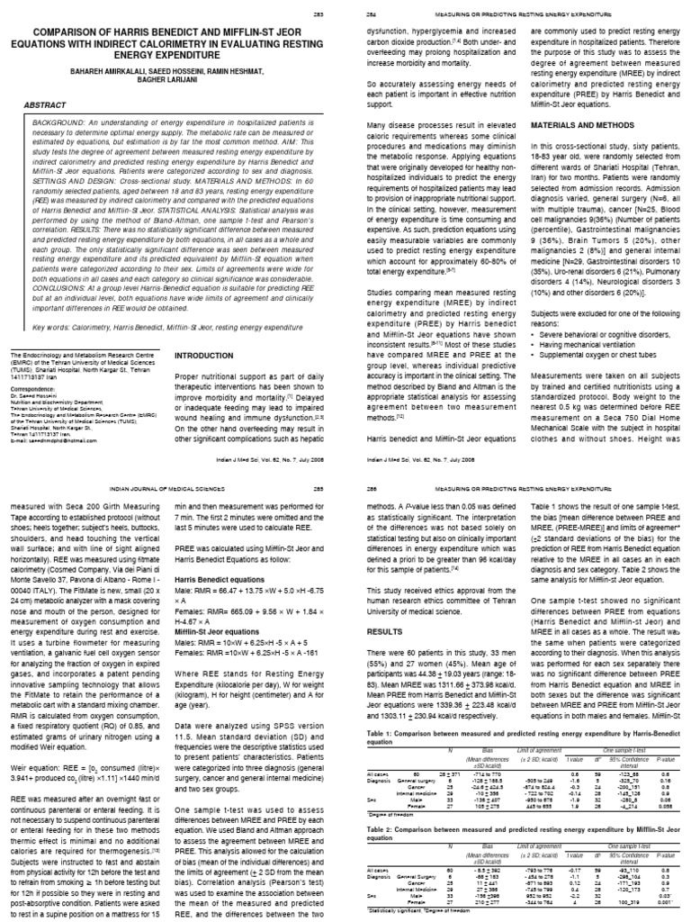 Comparison of Harris Benedict and Mifflin ST Jeor Equations With Indirect Calorimetry in ...