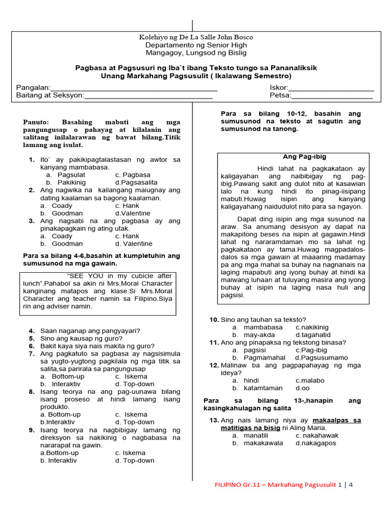 Pagsusulit Sa Pagbasa | PDF
