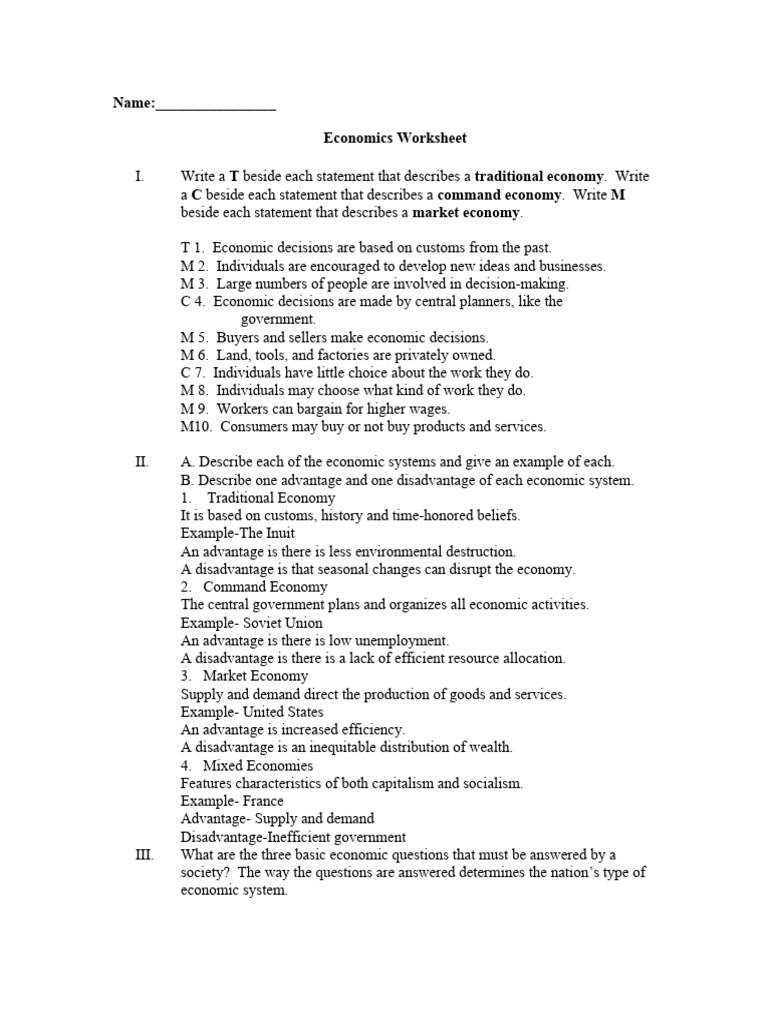 Types of Economies Worksheet-1 | PDF | Economics | Economic System