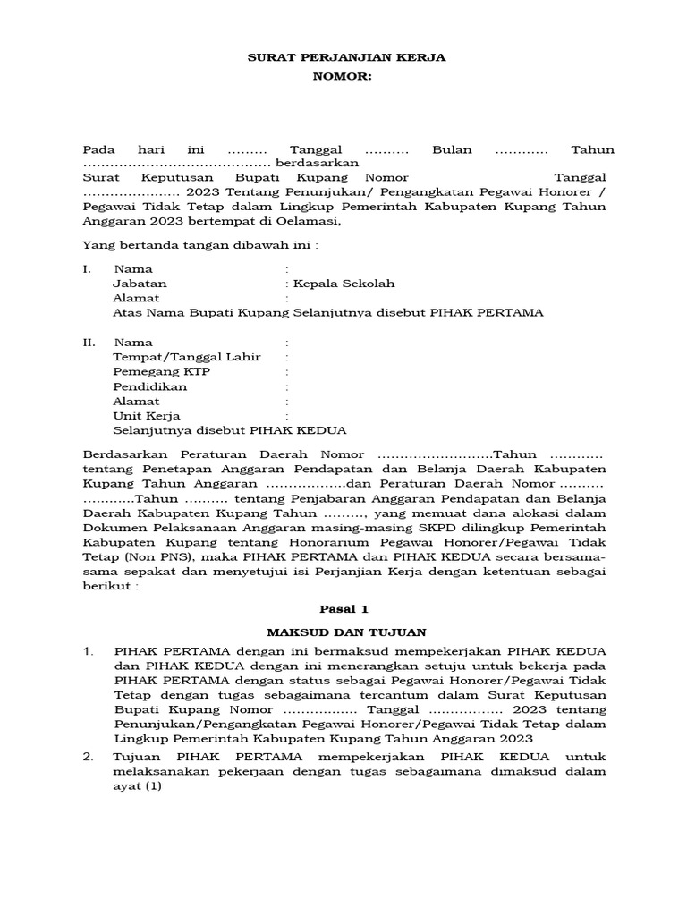SURAT PERJANJIAN KERJA (SPK) 2023docx | PDF | Pengelolaan Keuangan & Uang