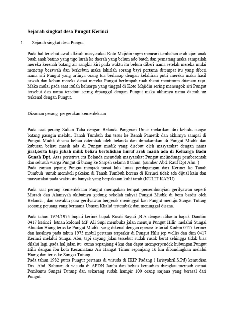 Sejarah Singkat Desa Pungut Kerinci | PDF