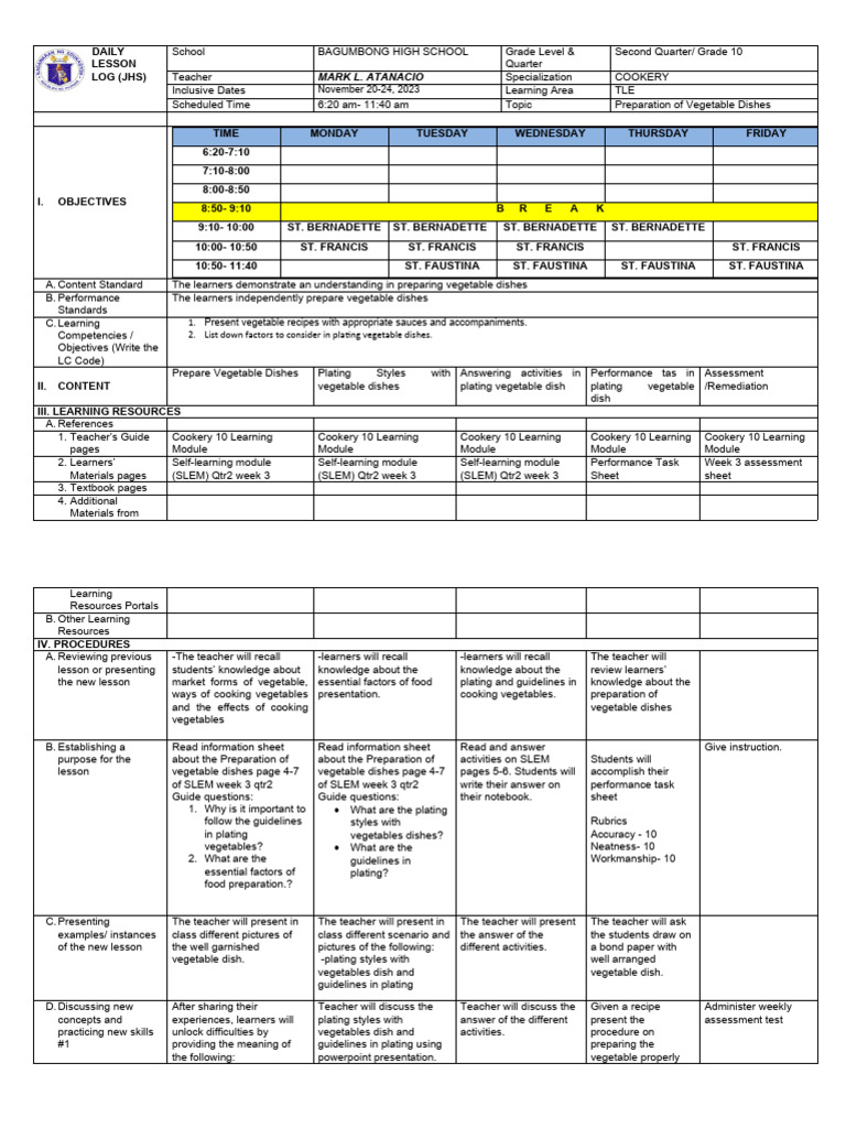 Grade 10 Vegetable Dish Preparation Log | PDF | Learning | Education Theory