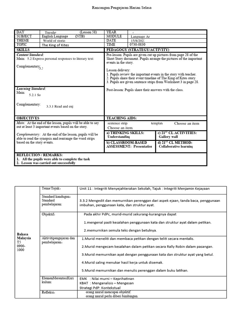 Rancangan Pengajaran Harian Selasa | PDF | Learning | Human Communication