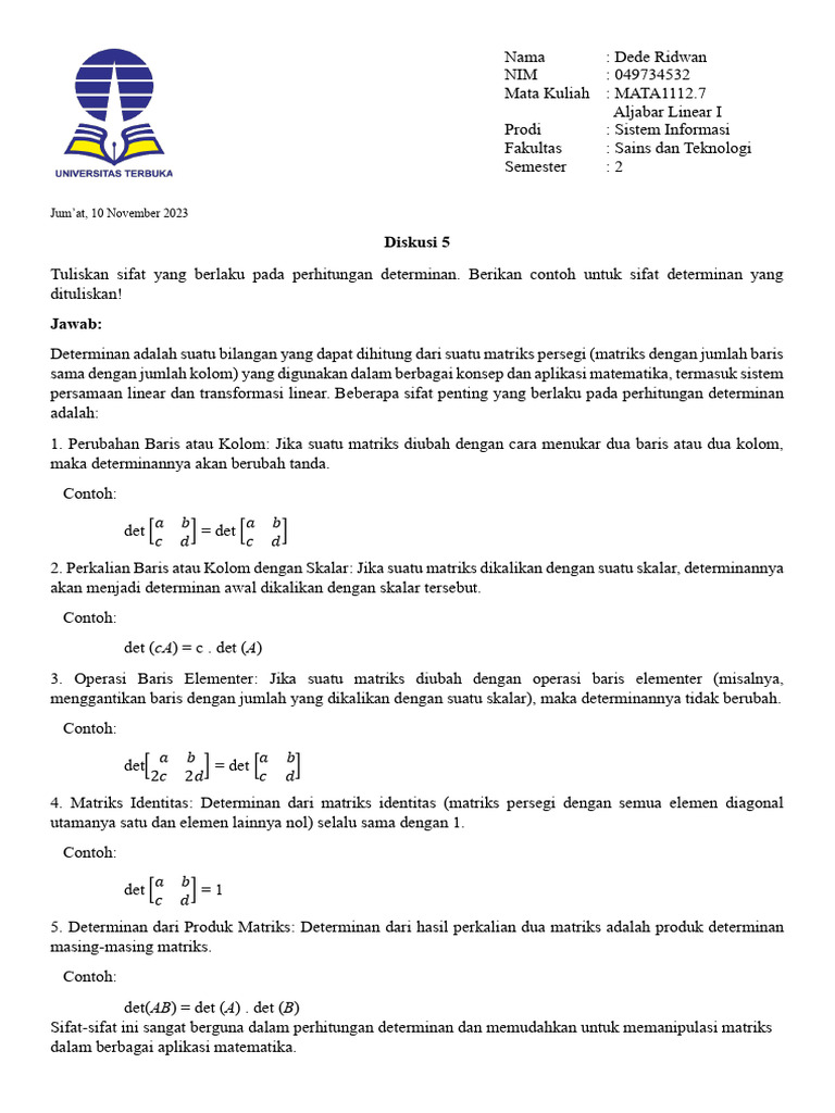 Diskusi 5 - MATA41112.7 Aljabar Linear I - Dede Ridwan - 049734532 - UT 2023-2 | PDF | Metode ...