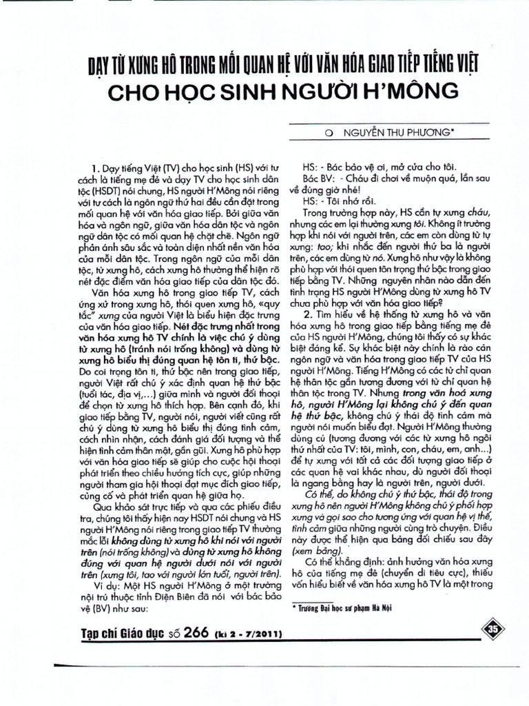 14day Tu Xung Ho Trong Moi Quan He Voi Van Hoa Giao Tiep Tieng Viet Cho Hoc Sinh Nguoi Hmong | PDF