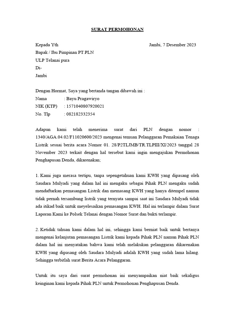 Surat Permohonan Pln Pdf