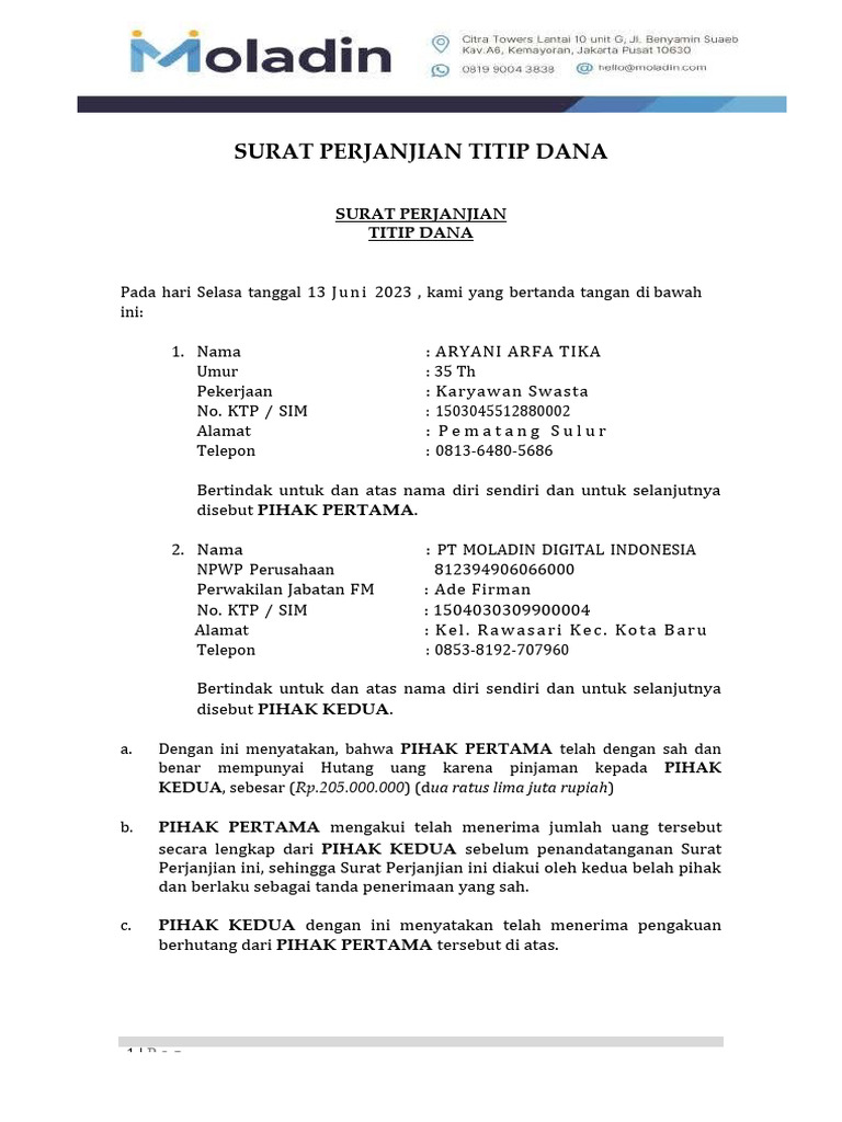 Surat Perjanjian Titip Dana | PDF