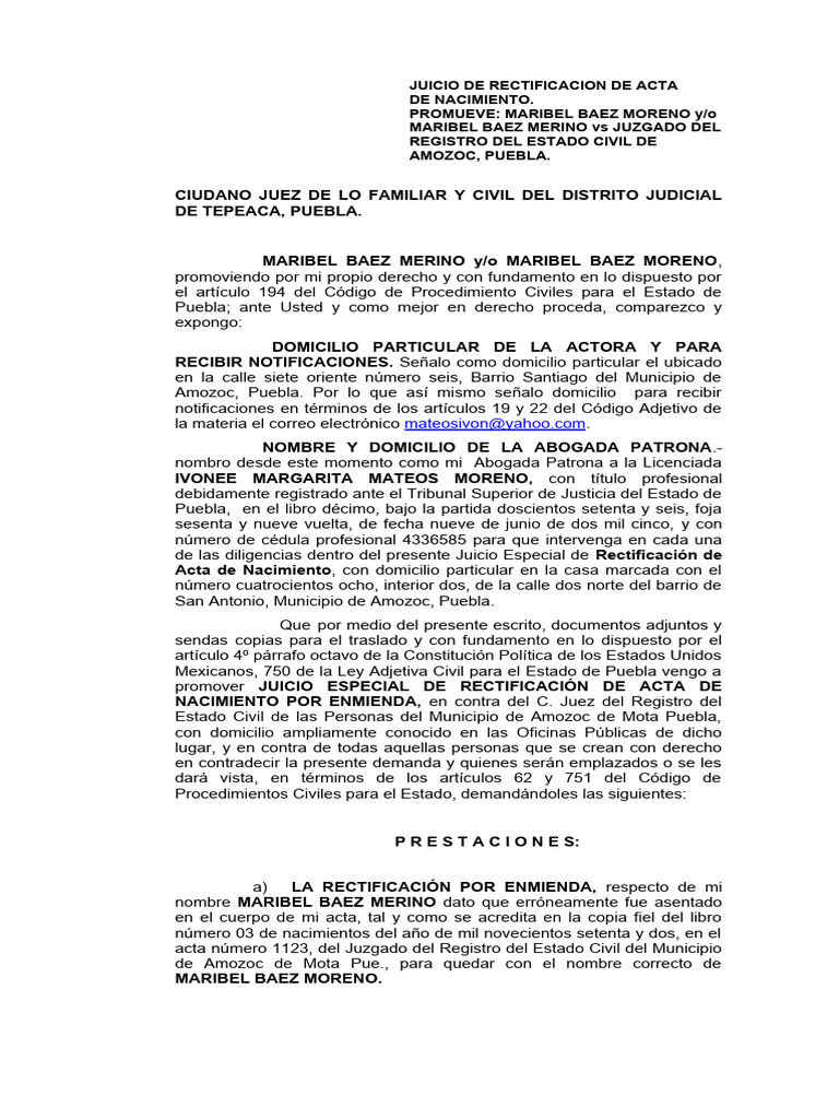 Rectificación de Acta de Nacimiento de Maribel Báez | PDF | Certificado ...