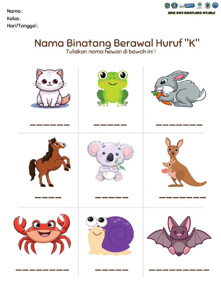 Lembar Kerja Melingkari Huruf Awal Nama Binatang Ilustrasi Warna-Warni ...