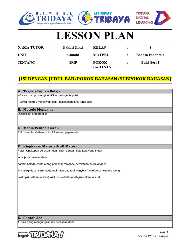 Lesson Plan - Fakhri - Puisi Seri 1 SMP 8 241022 | PDF