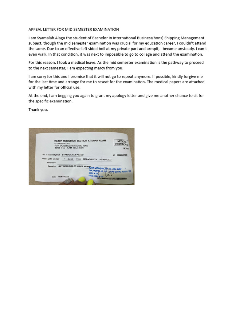 APPEAL LETTER FOR MID SEMESTER EXAMINATION | PDF