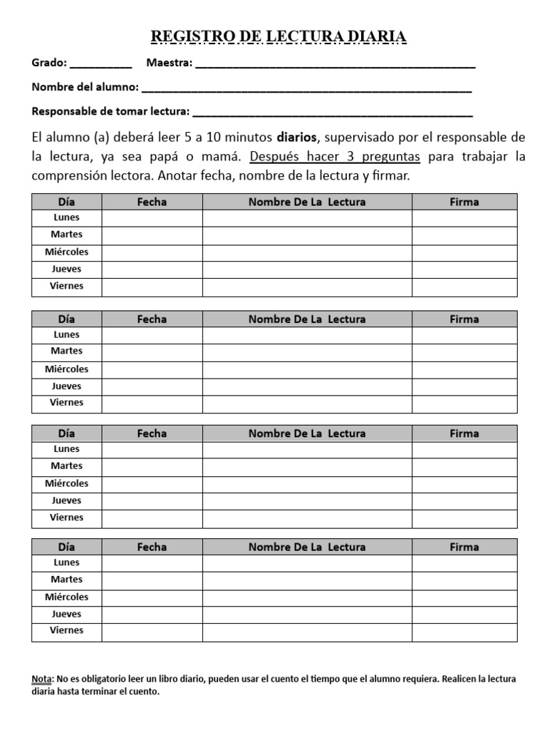 Registro de Lectura Diaria para Primaria | PDF | Artes del Lenguaje y ...
