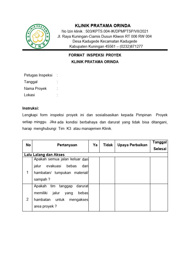 Form Inspeksi Klinik Pratama Orinda | PDF