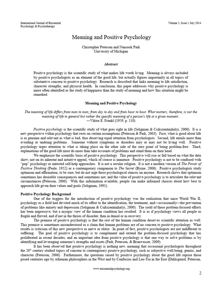 Meaning and Positive Psychology | PDF | Positive Psychology | Psychology