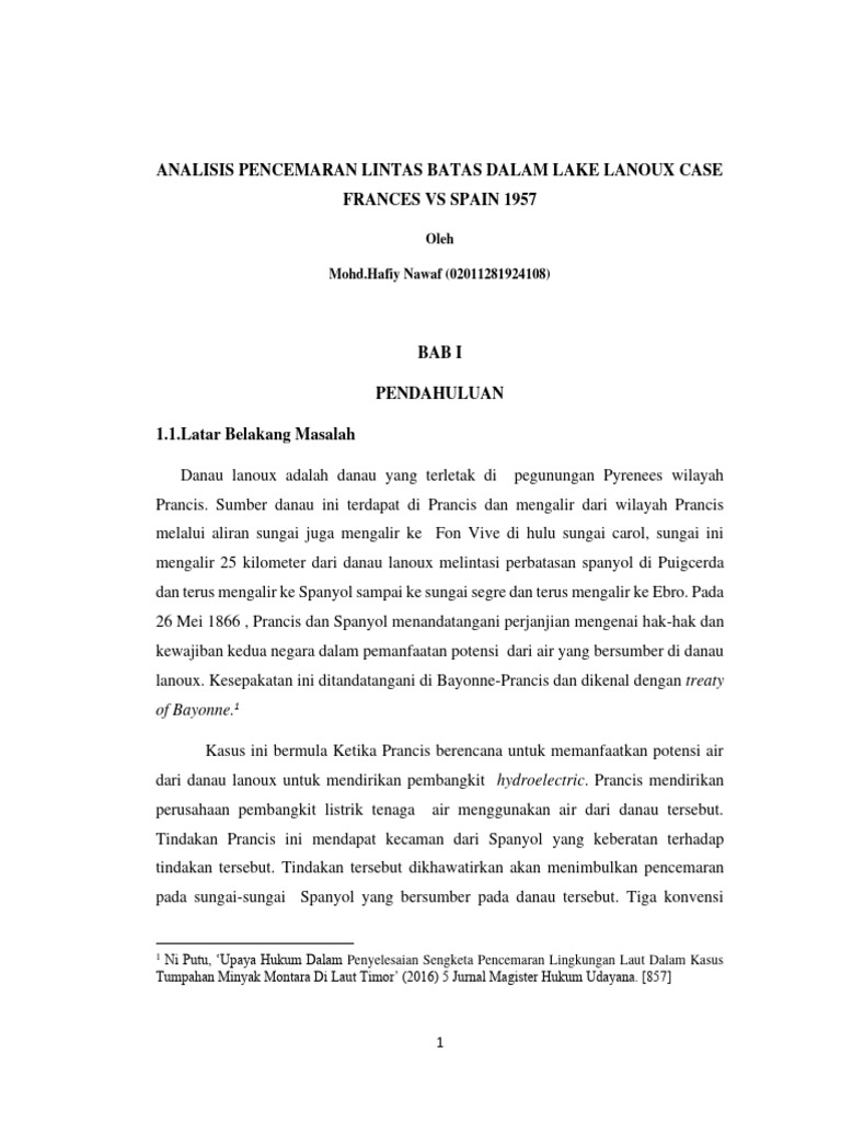 Analisis Kasus Danau Lanoux 1957 | PDF | Hukum | Teknologi & Rekayasa