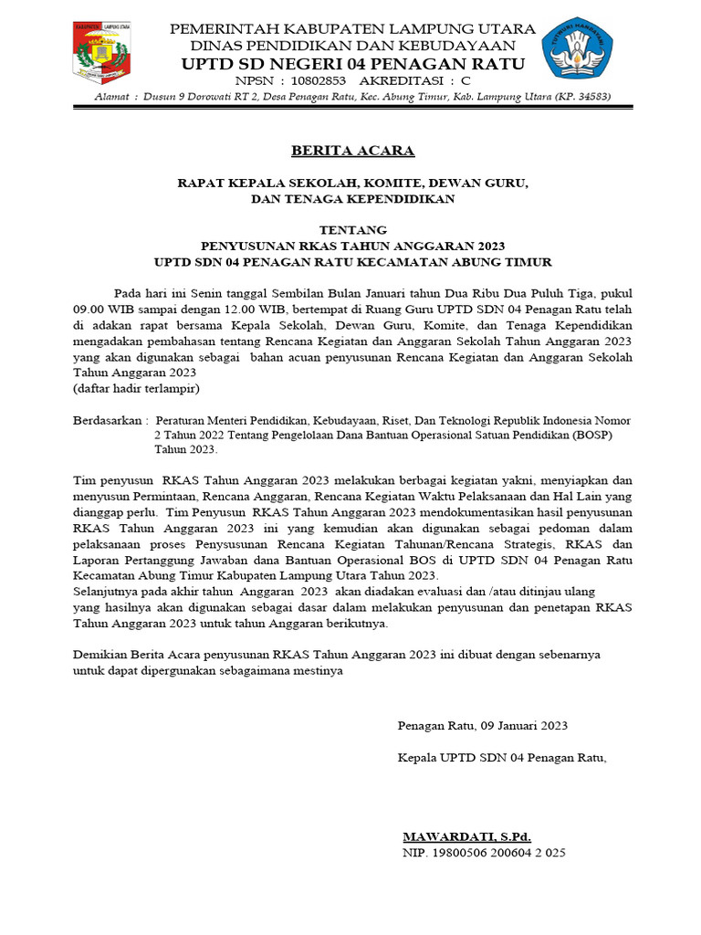 Berita Acara Rapat Penyusunan Arkas 2023 | PDF