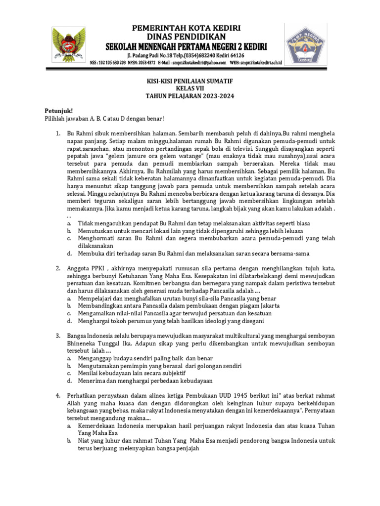 Kisi-Kisi Penilaian Sumatif Pendidikan Pancasila Kelas 8 | PDF | Ilmu Sosial | Perjalanan