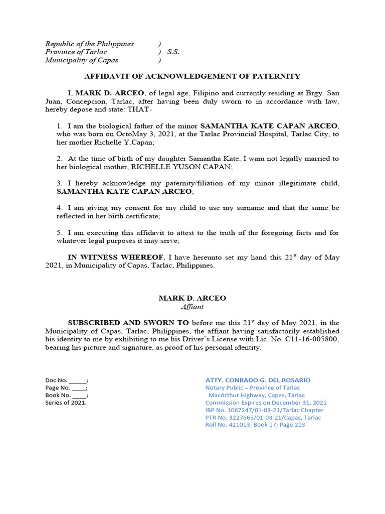Affidavit of Acknowledgement of Paternity | PDF
