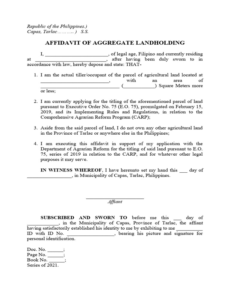 Affidavit of Aggregate Landholding Sample | PDF | Affidavit | Legal Procedure