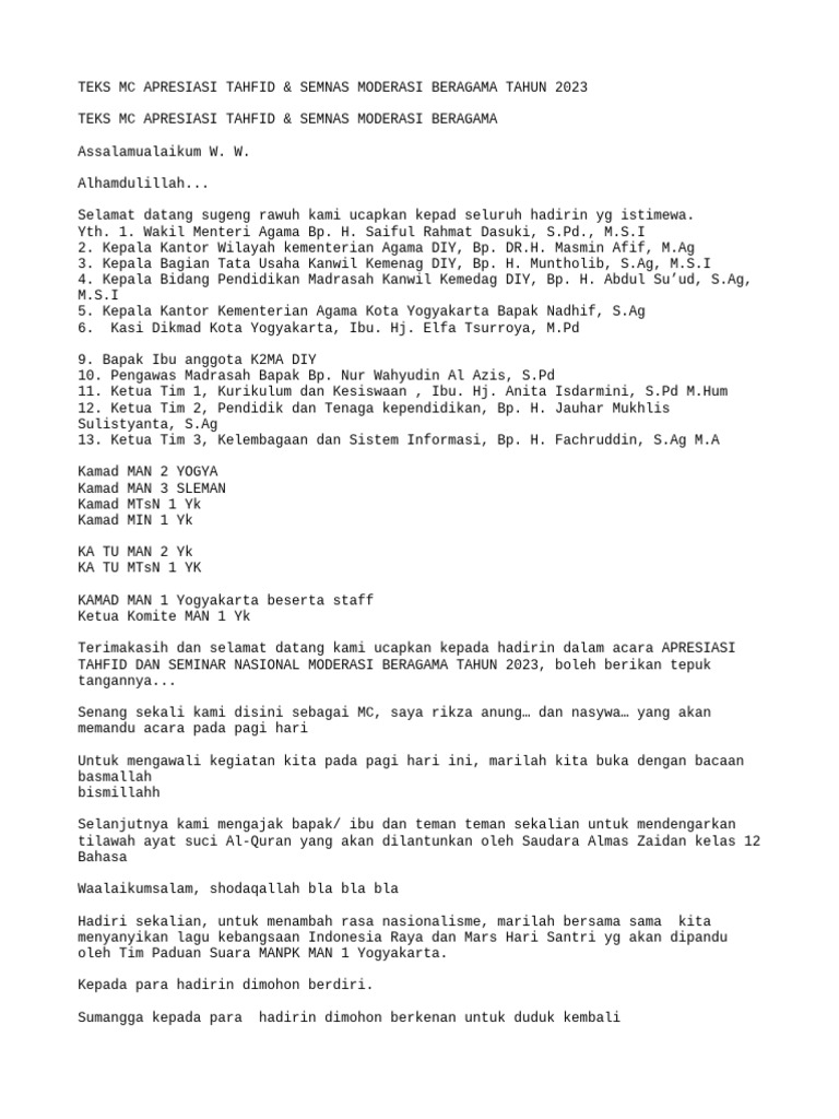 Teks MC Wisuda Tahfid & Semnas Moderasi Beragama | PDF