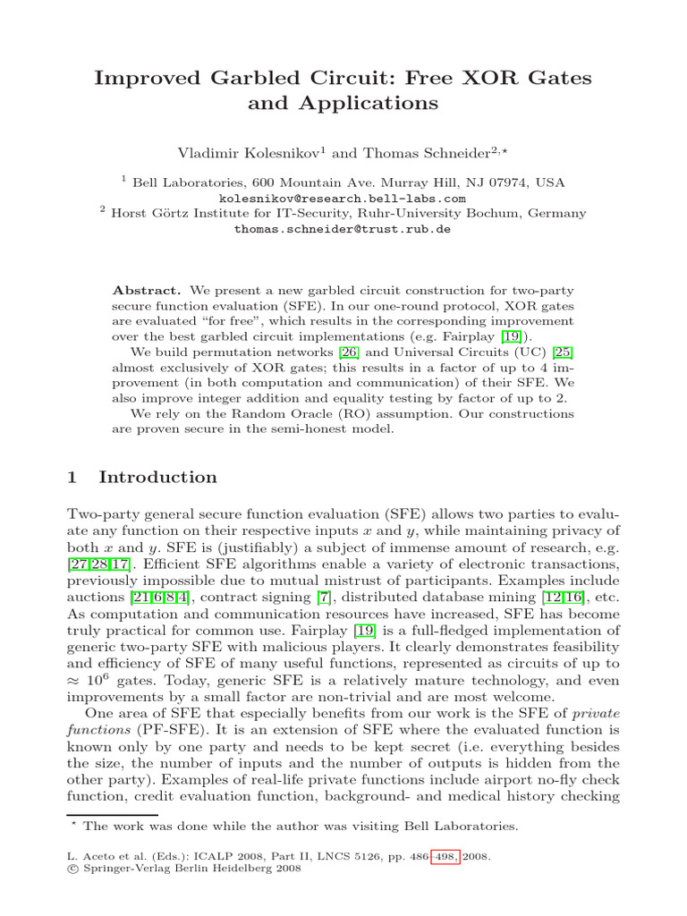 Free XOR Gates in Garbled Circuits | PDF | Computer Science | Espionage ...