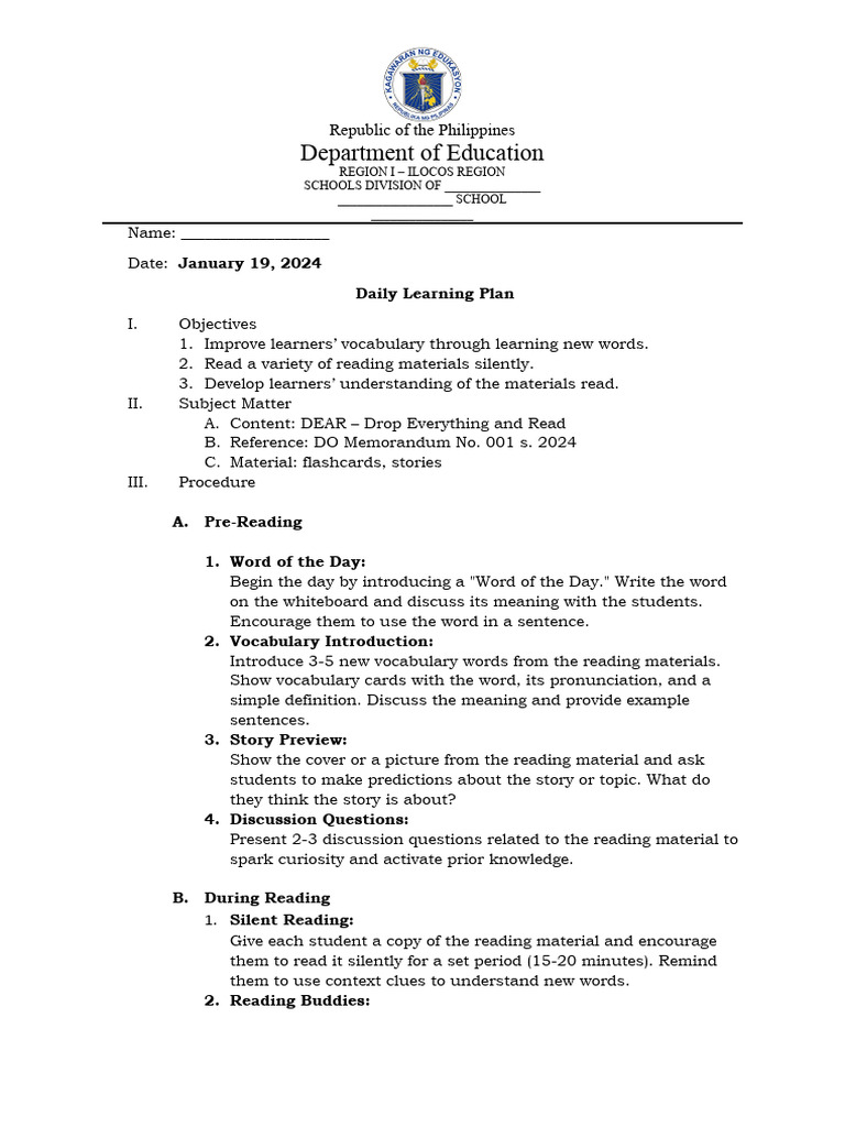 Daily Learning Plan For All Levels | Download Free PDF | Reading Comprehension | Vocabulary
