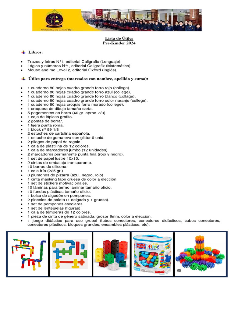 Lista de Útiles Pre-Kínder 2024 | PDF | Mochila | Lápiz