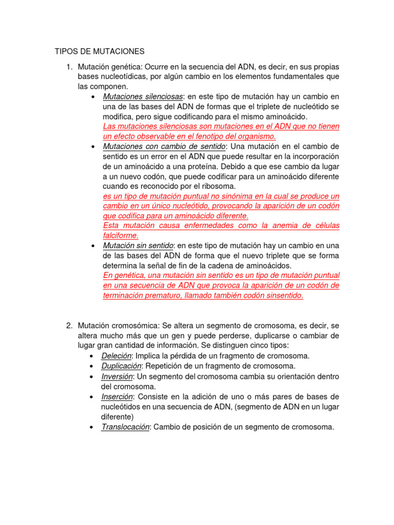 Tipos de Mutaciones | PDF | Mutación | Adn