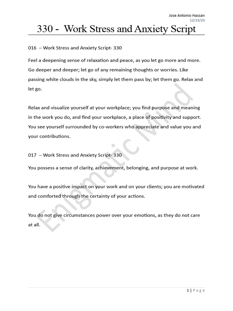 330 - Work Stress and Anxiety Script - Edited | PDF | Anxiety | Feeling