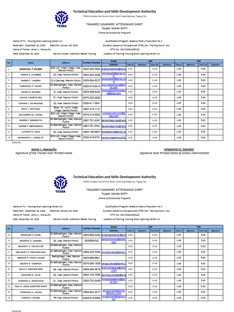 Attendance Sheet BPP 1-25 | Download Free PDF | Vocational Education ...