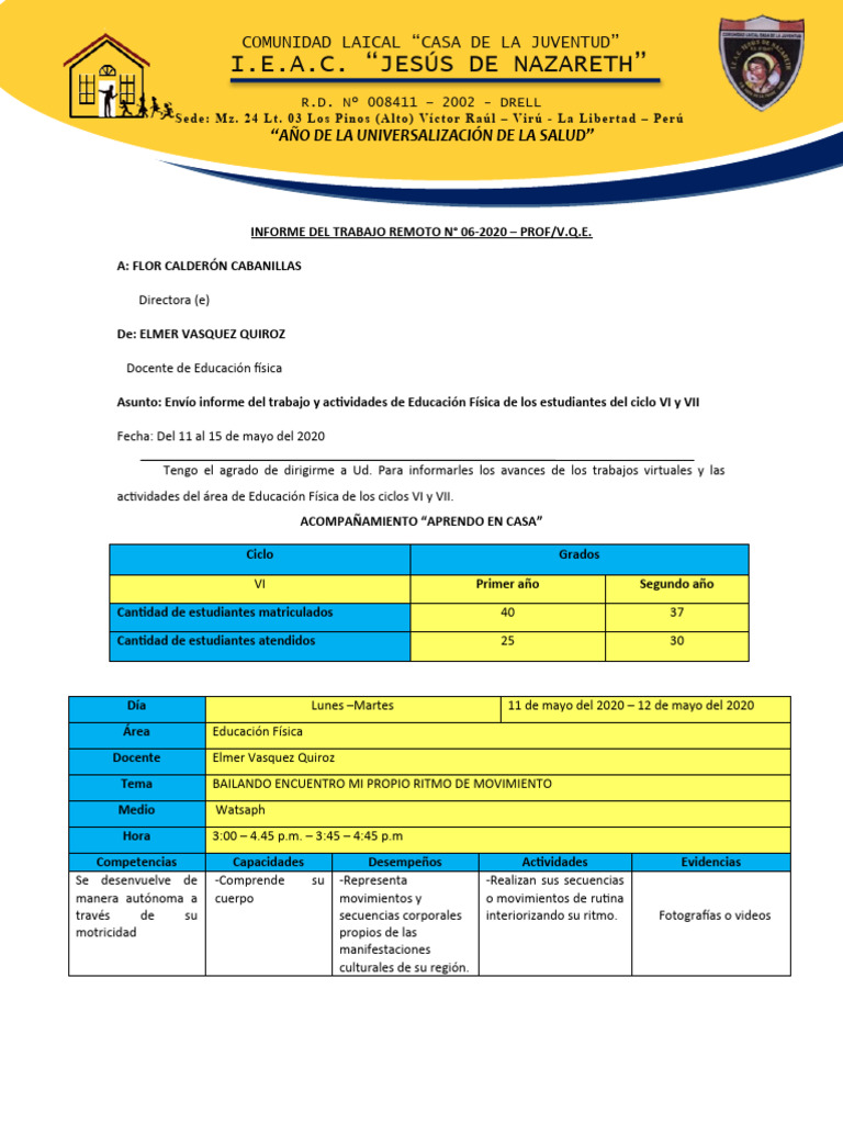 6to Informe Del Area de Educacion Fisica - Secundaria Elmer | PDF ...
